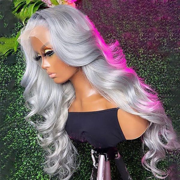 Silver Grey Body Wave 13x4 HD Lace Front Wig Colored Human Hair Wigs f ...