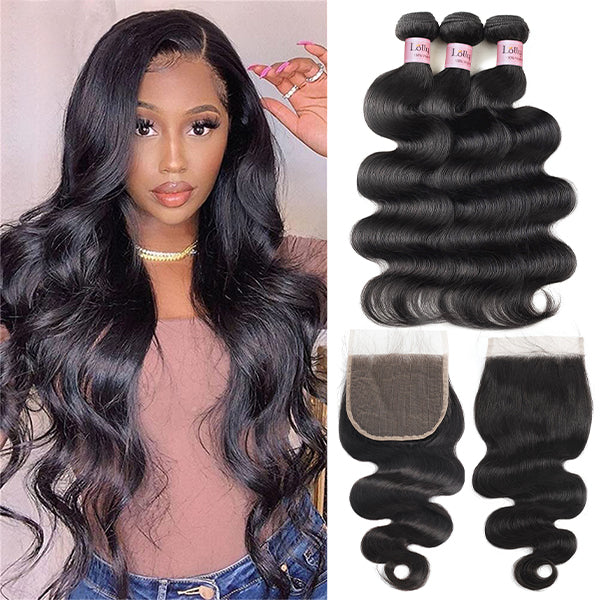 6x6 Closure with 3 Bundles Body Wave Human Hair Bundle with Closure Se ...