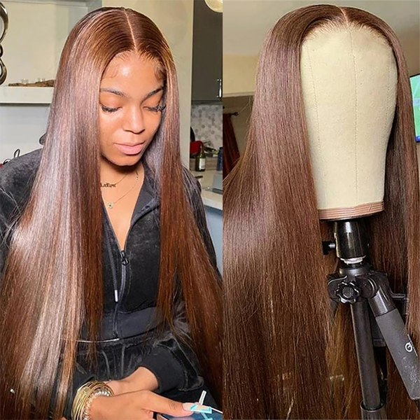 Chocolate Brown Straight Lace Front Human Hair Wig Styles 2025 #4 Glue ...