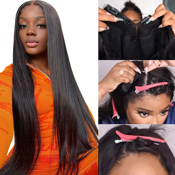 Glueless V Part Wig Silk Straight Wig Beginner Friendly Human Hair Wig ...