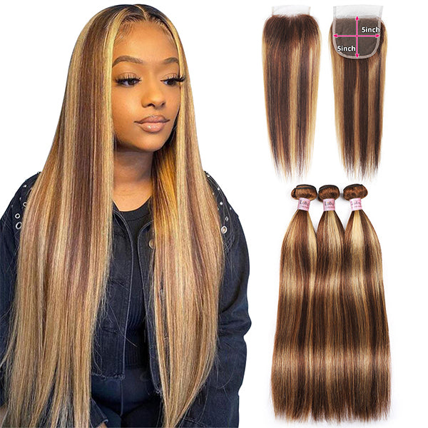 Highlight Bundles with 5x5 HD Closure P4/27 Straight Bundles with 5x5 ...