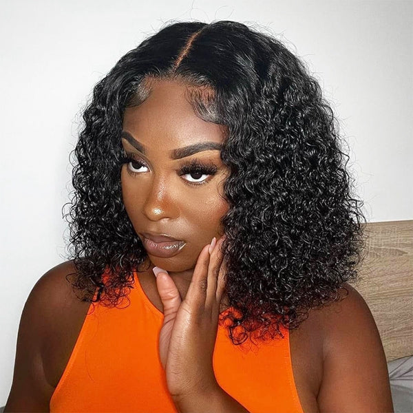 Kinky Curly Short Bob Wig Guleless Lace Wig 4x4 Closure Wig Pre-Cut Cu ...