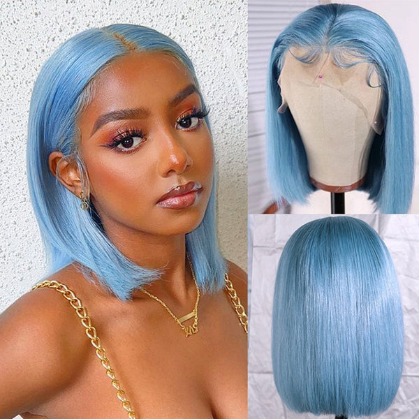 Sky Blue Bob Wig 13x4 Lace Front Wig Short Bob Wig Lace Front Human Ha ...