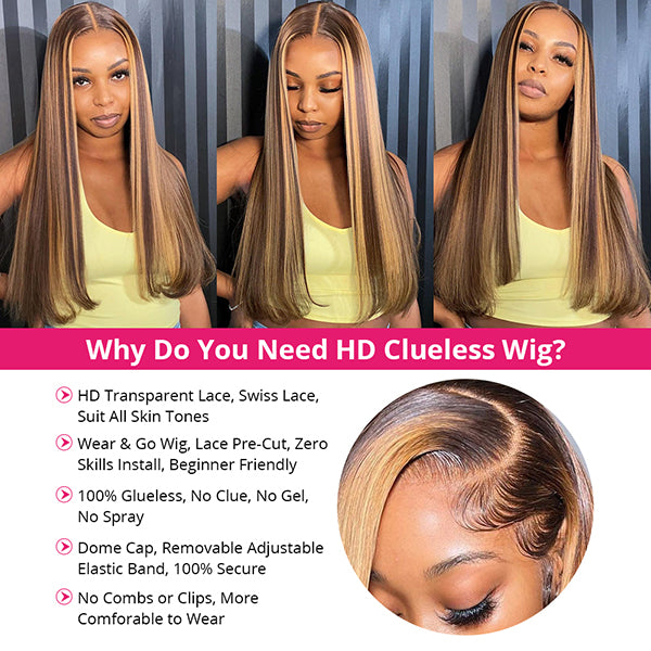 Straight HD Lace Closure Wig P4/27 Highlight Wigs Human Hair Glueless ...