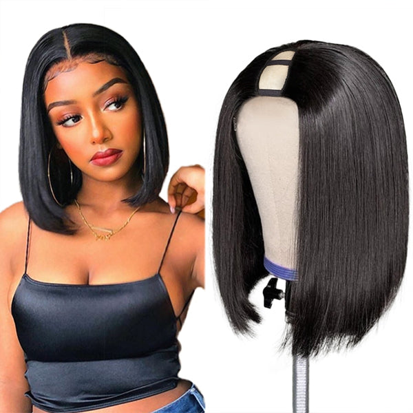 U Part Wig Straight Short Bob Human Hair Wig Full Machine Made Glueles ...